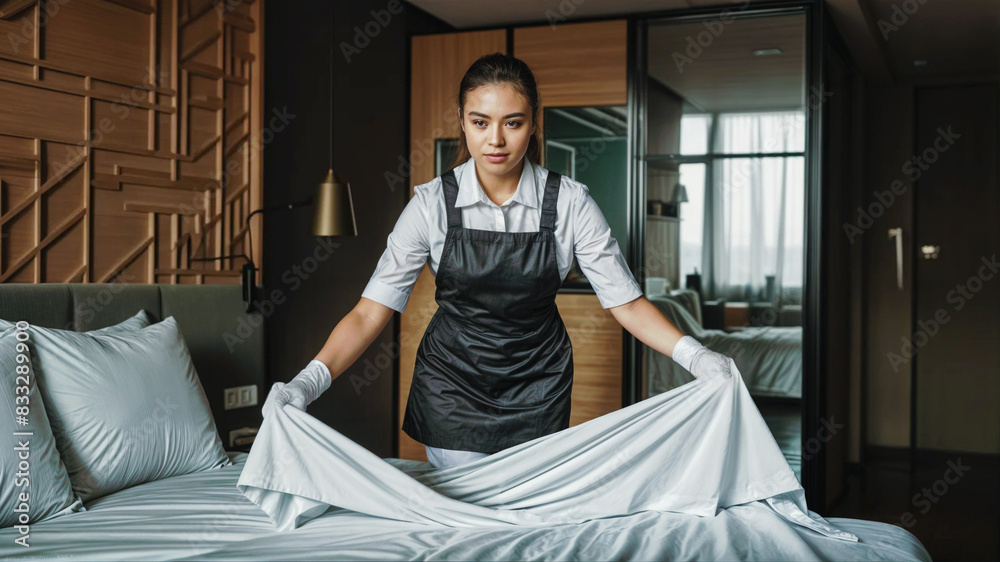person in bed Female housekeeper making the bed in a modern design ...
