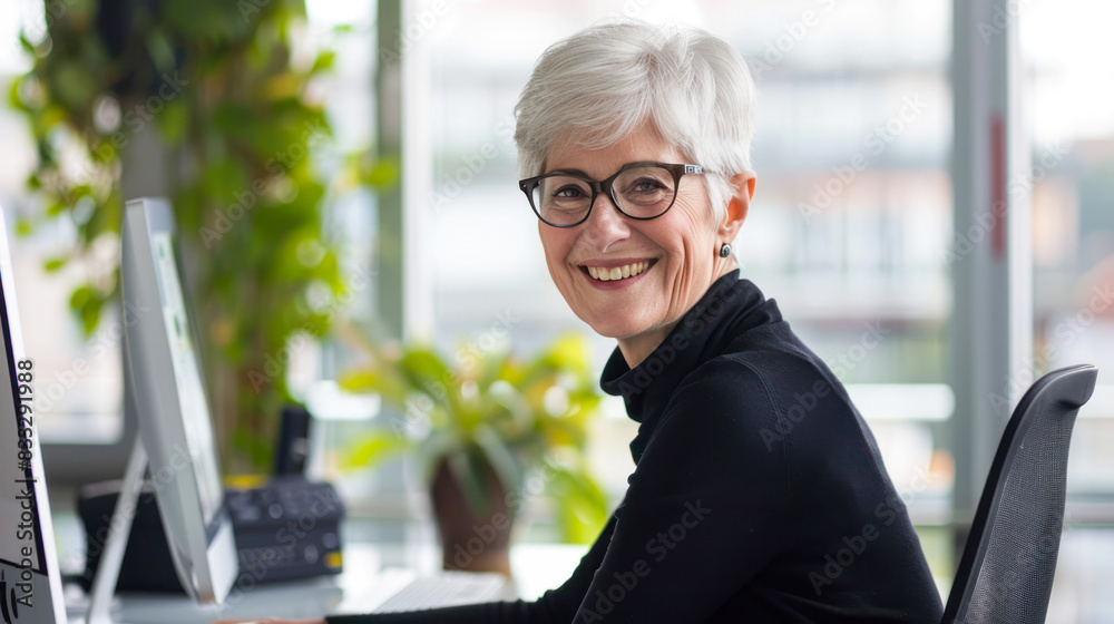 Happy mature older woman working on laptop in light office. Smiling 60s ...