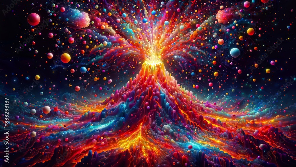 A vibrant, psychedelic digital art piece featuring a cosmic volcano ...