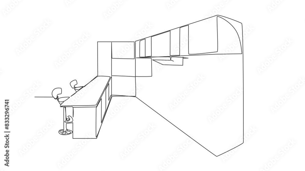 Animation of single line drawing stylish kitchen with furniture modern ...