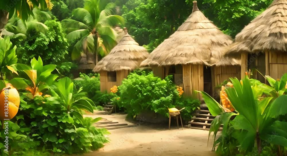 Tranquil beach resort with thatchedroof huts lush greenery and exotic ...