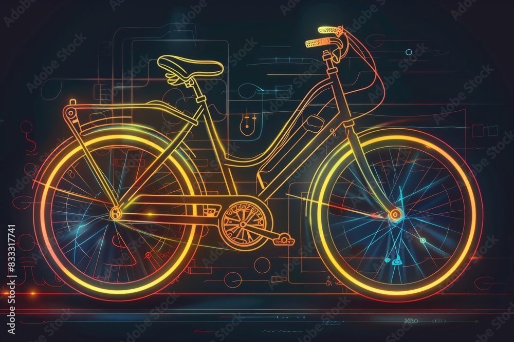 Cartoon cute doodles of a circuit-powered bicycle with glowing wheels ...