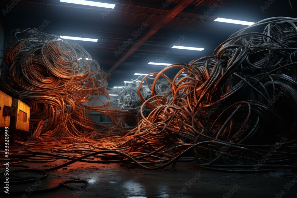 Tangled piles of electrical cables creating a messy scene in an ...