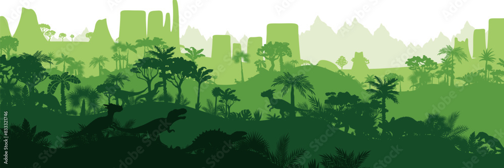 Dinosaur jungle background. Layered landscape with prehistoric ...