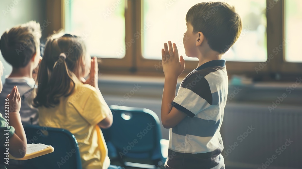 Children in a classroom praying with hands clasped, showcasing ...