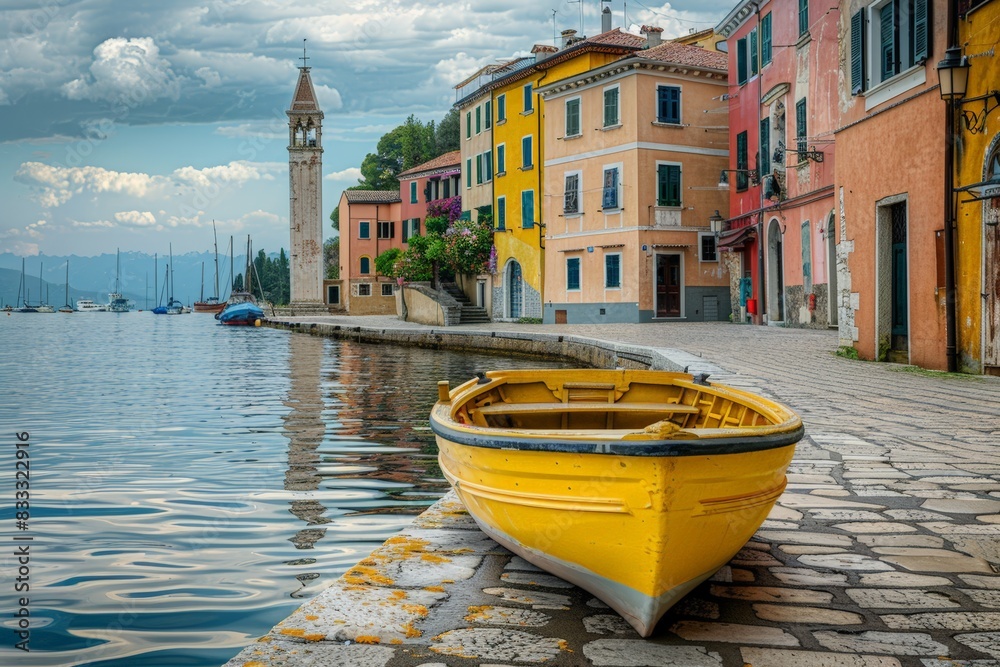 The scenic beauty of fishing villages, Yellow boat rests on cobbled ...