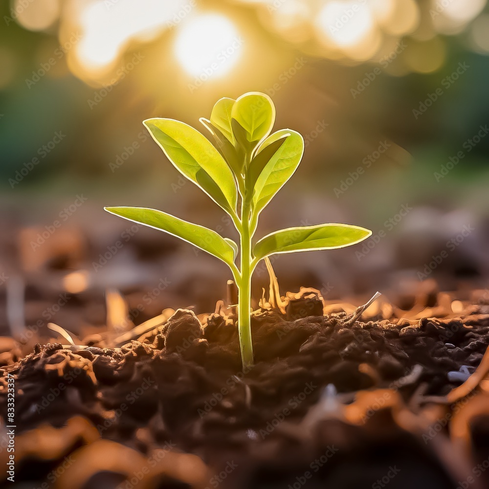 Young plant seedling growing in fertile soil at sunrise, symbolizing ...