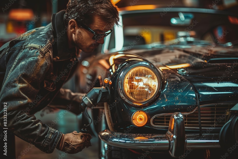 Mechanic adjusting car headlights, Rugged person in denim leather ...