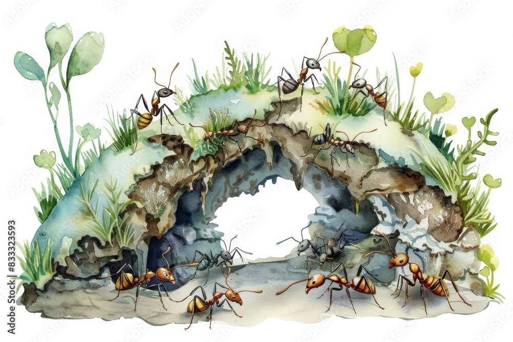 A cute watercolor of ants, marching in a line, carrying food, in a ...