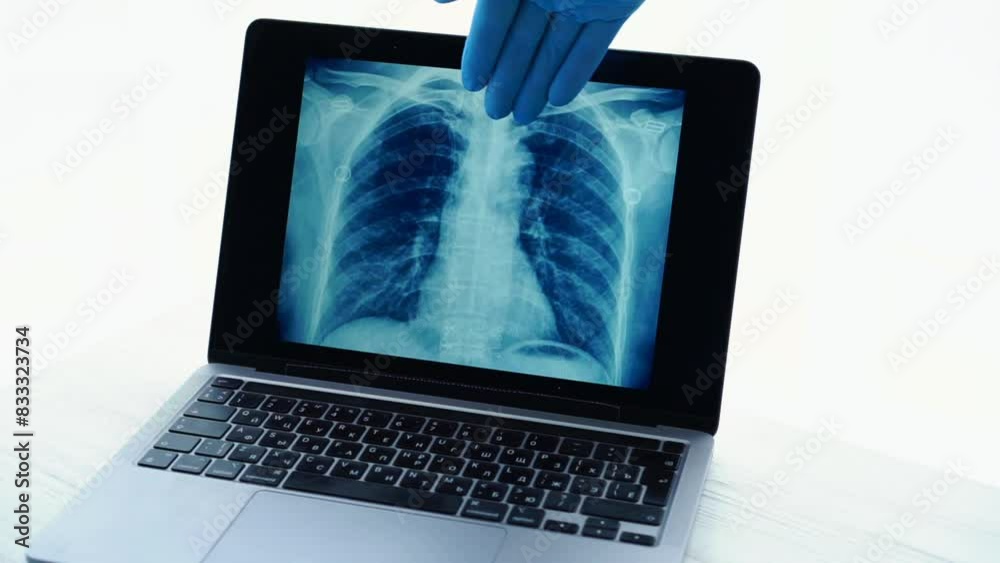 X-ray of the lungs on the computer screen. The doctor shows the patient ...