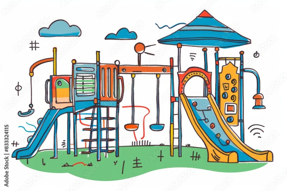 Cartoon cute doodles of a circuitry-themed playground with slides and ...