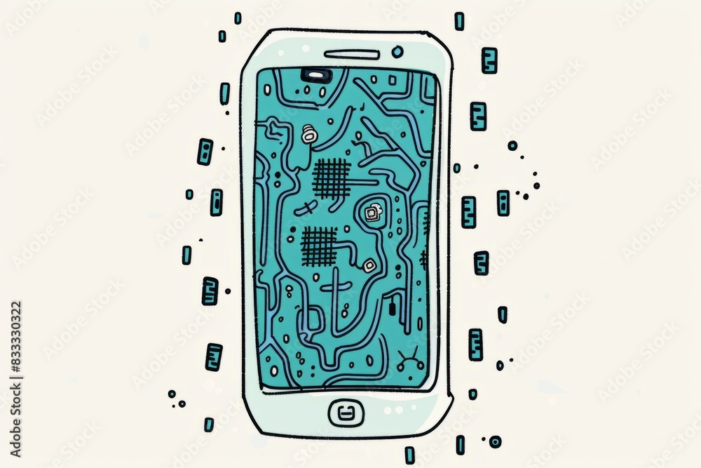 Cartoon cute doodles of a smartphone with circuitry visible through the ...