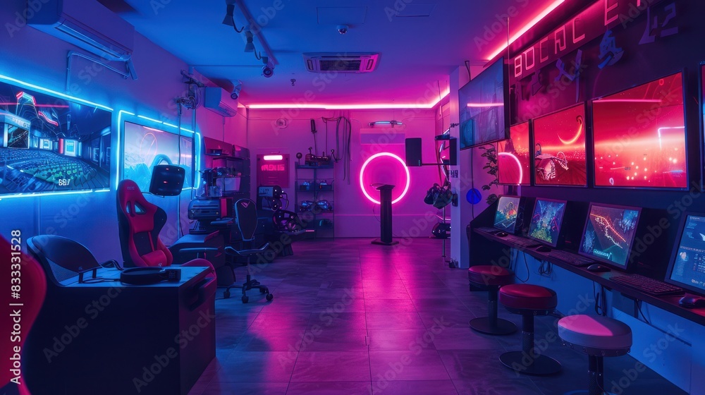 futuristic and high-tech game room with interactive displays, virtual ...