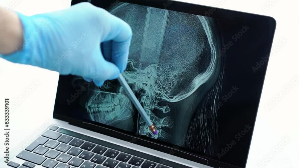 X-ray of a human head. The doctor shows the client his head photograph ...