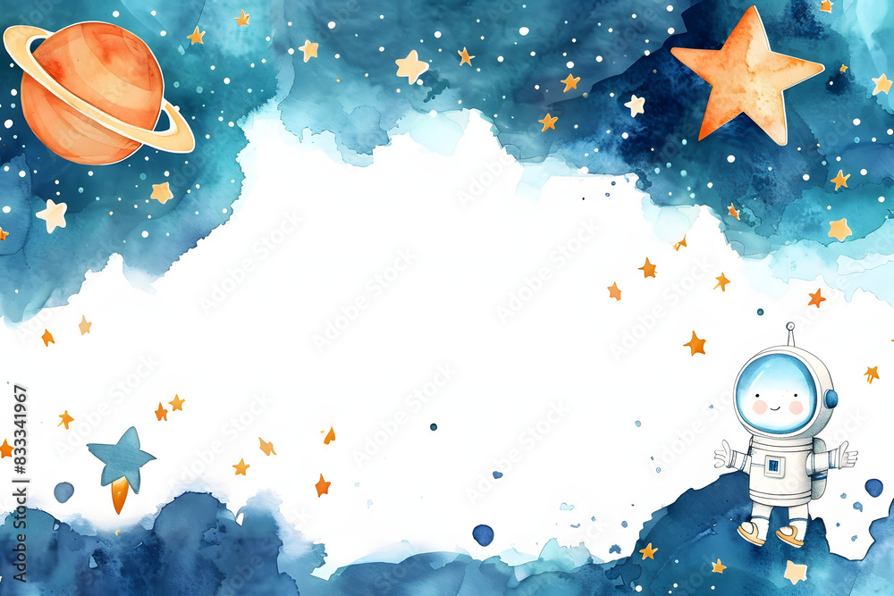 Cute cartoon space frame border on background in watercolor style ...