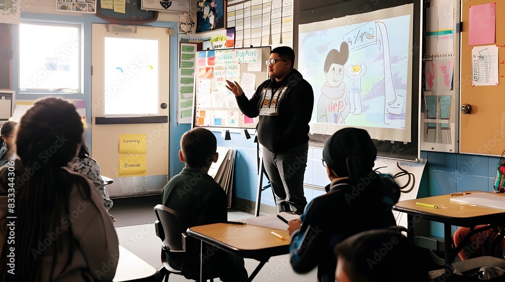 A teacher explains a lesson using a projector in a diverse classroom ...