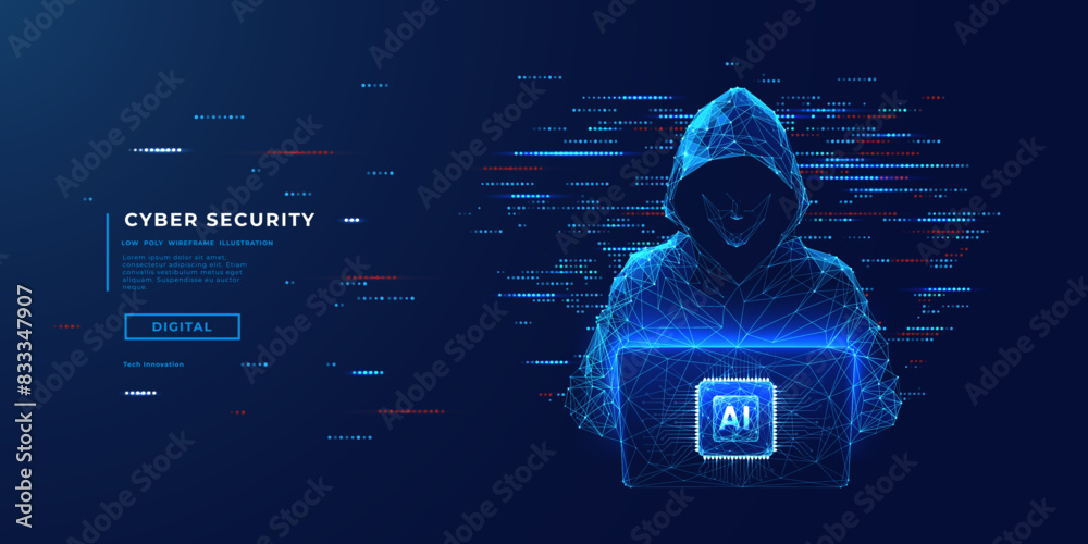 Abstract digital anonymous hacker with light blue laptop and AI chip ...