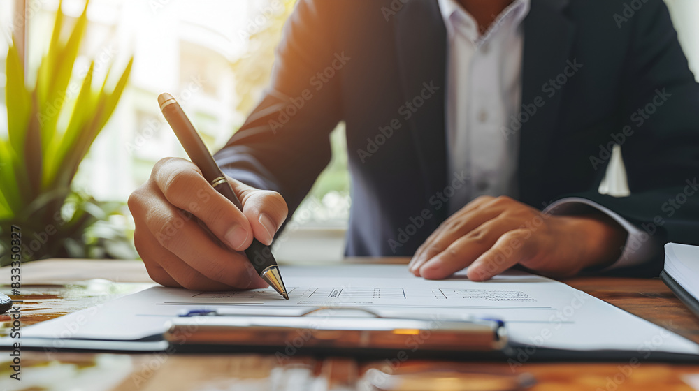 Businessman use pen to tick correct sign mark in checkbox for quality ...