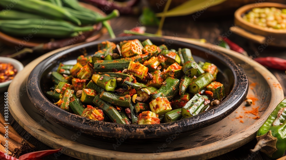 Bhindi masala, spiced okra curry, served on a rustic plate with a ...