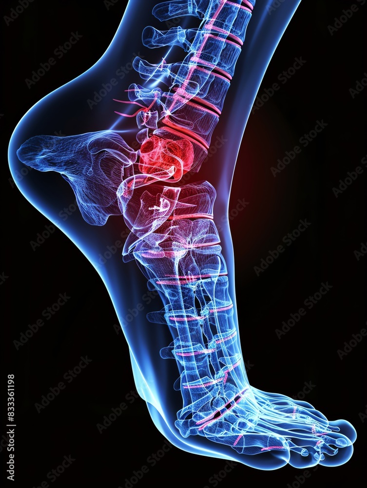 An X-ray of a foot showing the bones and ligaments in the ankle. The ...