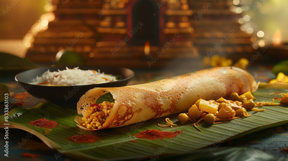 Masala dosa, a crispy rice and lentil crepe filled with spiced potatoes ...