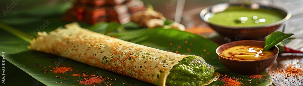 Pesarattu, green gram dosa served with ginger chutney, on a banana leaf ...