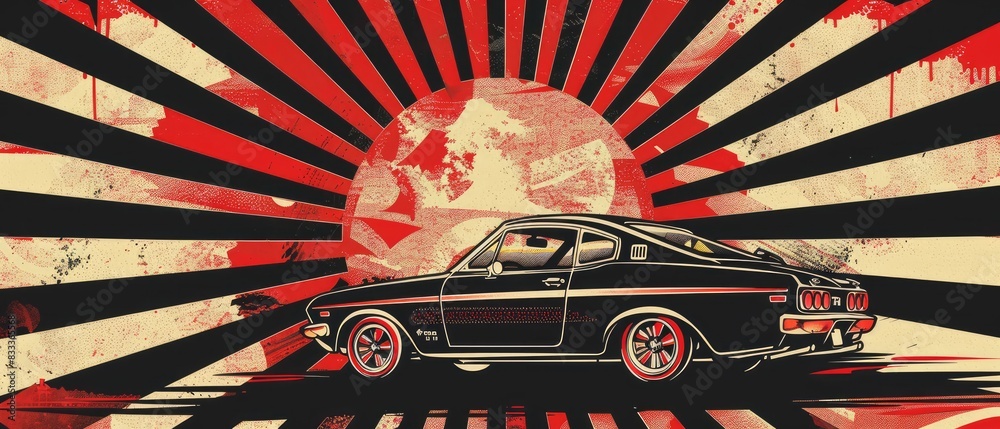 a vintage japanese car with flag of Rising Sun background in a ...
