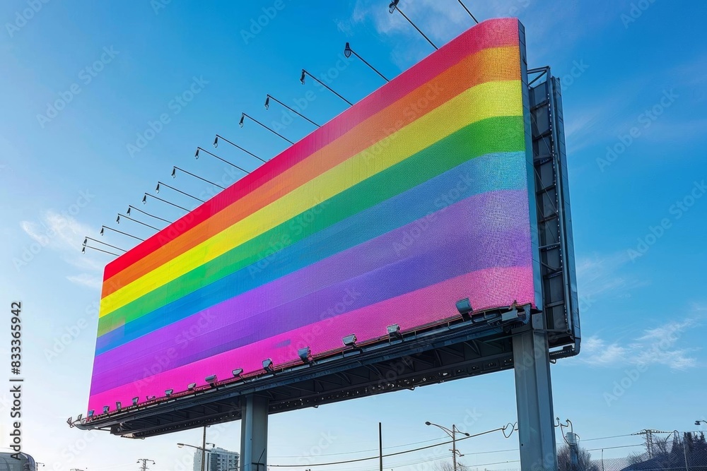 A large billboard with a rainbow flag on it. The billboard is located ...