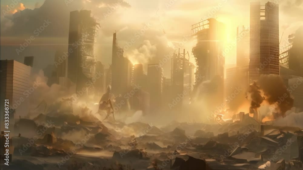 Futuristic city in ruins with human and machine bodies locked in battle ...