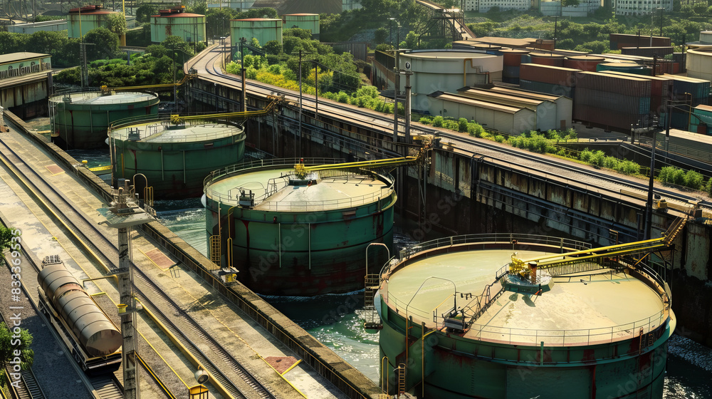 Panama Canal area view with industrial tanks and container storage ...