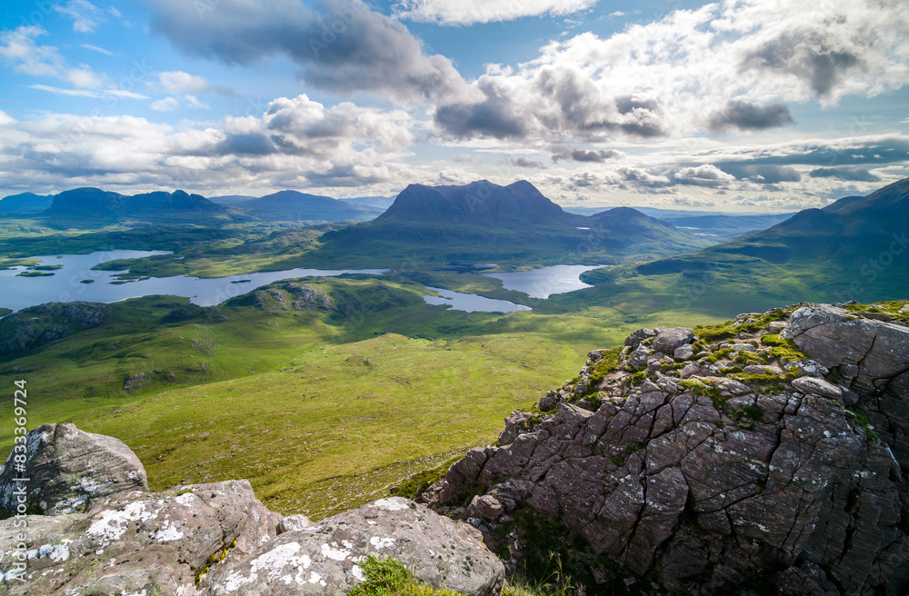 Views of the summits of Suilven, Cul Mor and An Laogh with Loch ...