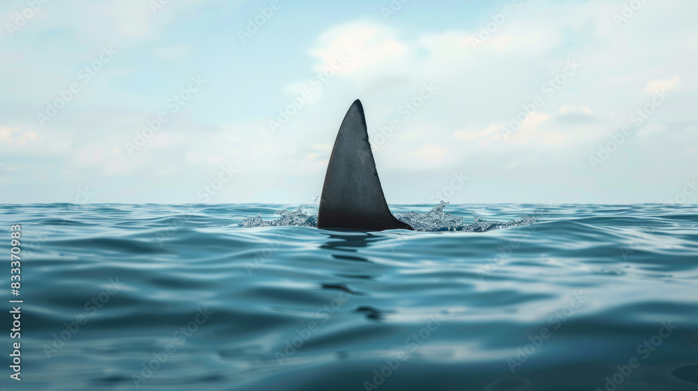Shark fin protruding from ocean surface on a cloudy day Stock Photo ...