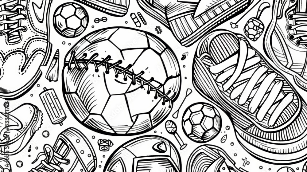 A coloring sheet featuring different sports-themed patterns, such as ...