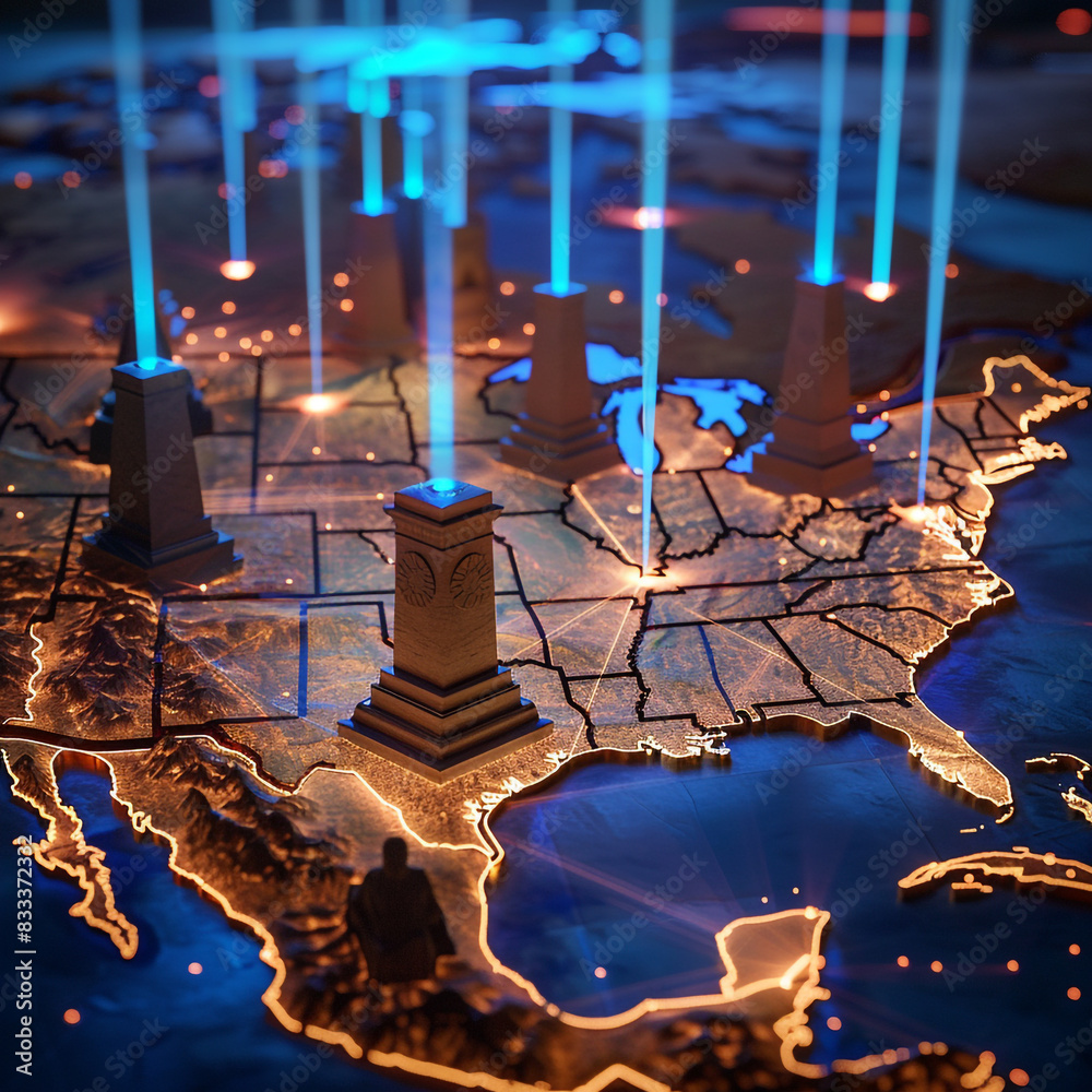 Digital patriotic tribute: Stylized 3D map of the USA with beams of ...