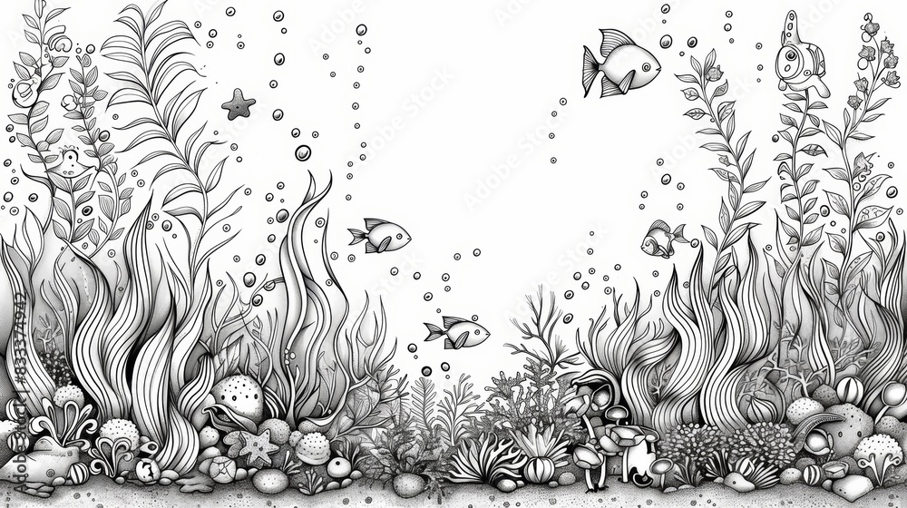 An abstract underwater scene coloring page with intricate sea creatures ...