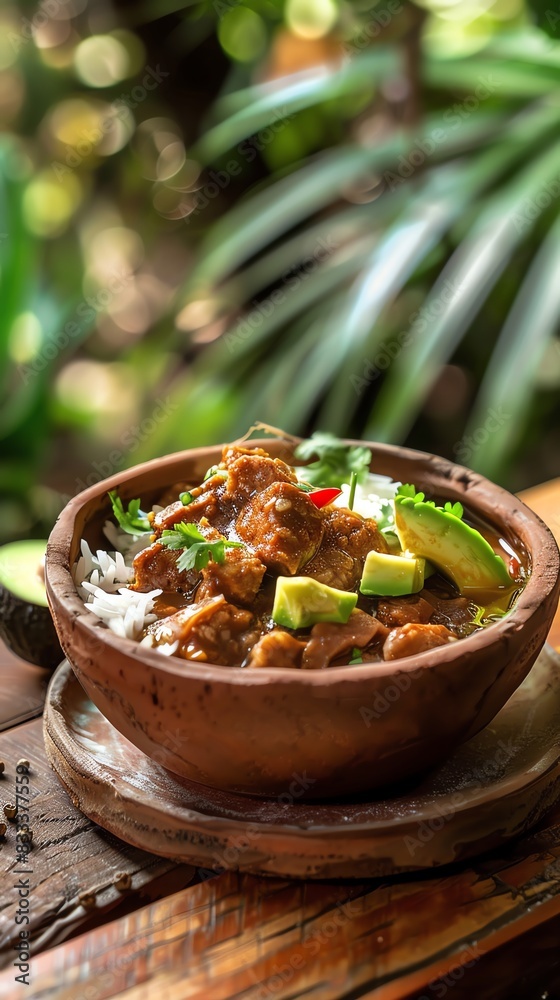 Ecuadorian seco de chivo, goat stew with rice and avocado, served in a ...