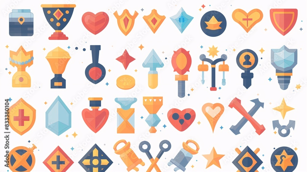 A versatile collection of flat vector gaming icons, featuring crystals ...