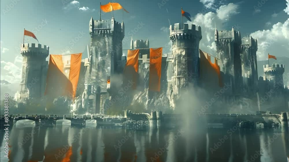 Medieval fortress with walls towers drawbridge and royal flags. Concept ...