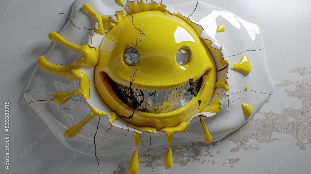 A yellow smiley face is peeking out from a wall. The smiley face is ...