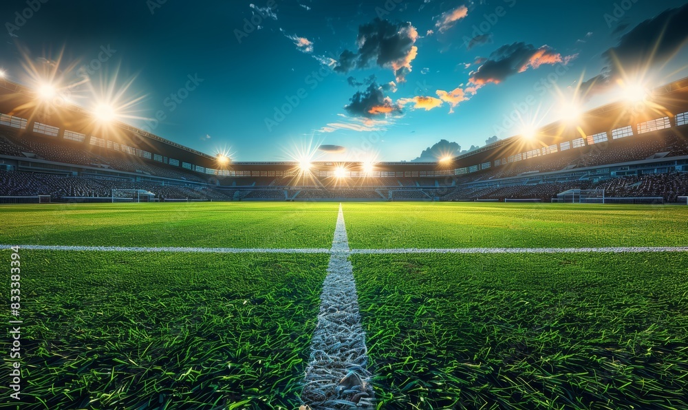 Spectacular sport stadium with glowing floodlights and empty green ...