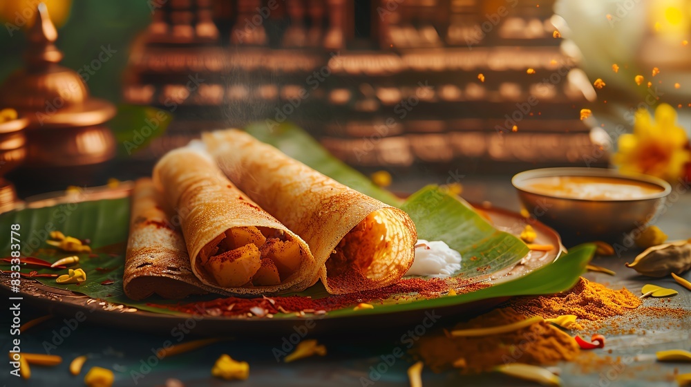 Masala dosa, a crispy rice and lentil crepe filled with spiced potatoes ...