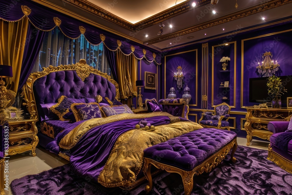 Royal purple and gold luxury bedroom with plush fabrics and regal decor ...