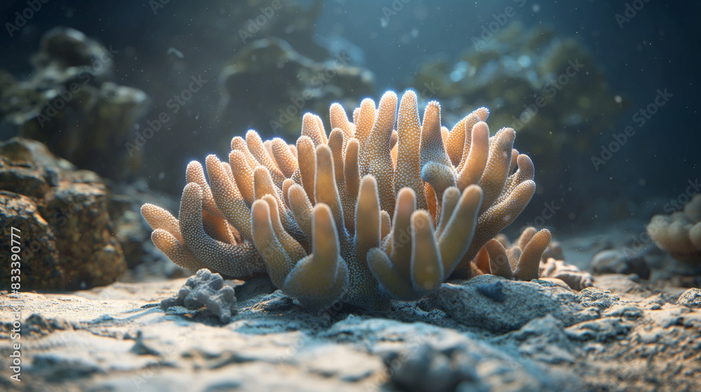 A cluster of coral with a sandy ocean floor background. The coral is ...
