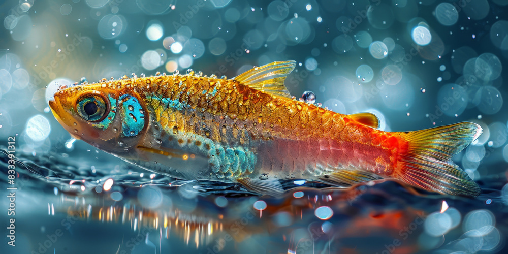 A rainbow-colored fish with sparkling water droplets, Vibrant trout ...