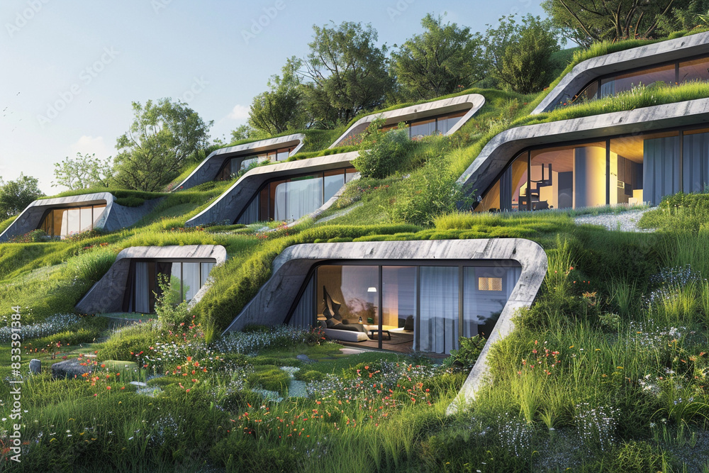 A cluster of sleek and modern eco-friendly homes built into the side of ...