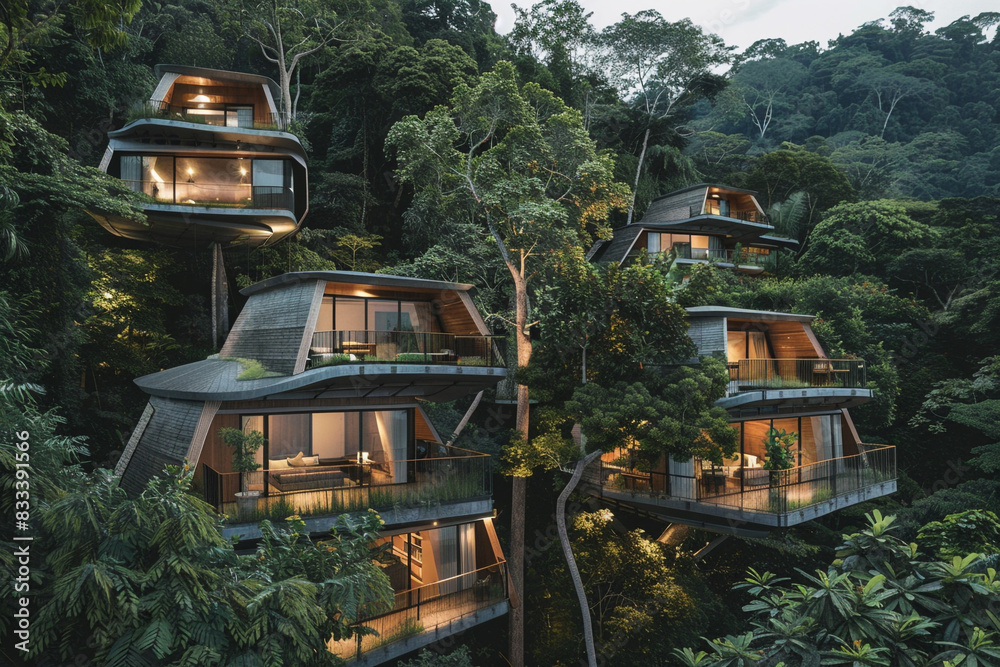 A cluster of sleek and modern treehouse retreats nestled high in the ...