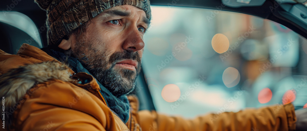 Driver in car, looking at confusing GPS directions with frustrated ...
