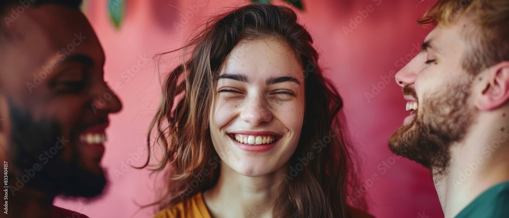 Smiling woman embracing two partners in a polyamorous triad. Stock ...