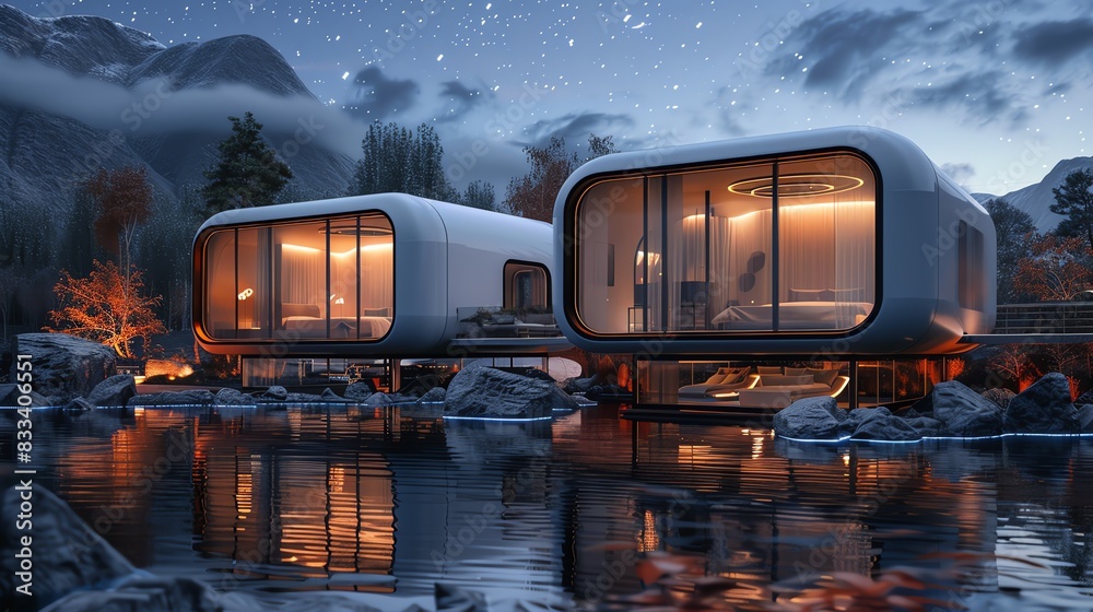 ultra-modern lake resort, smart glass cabins, automated water ...