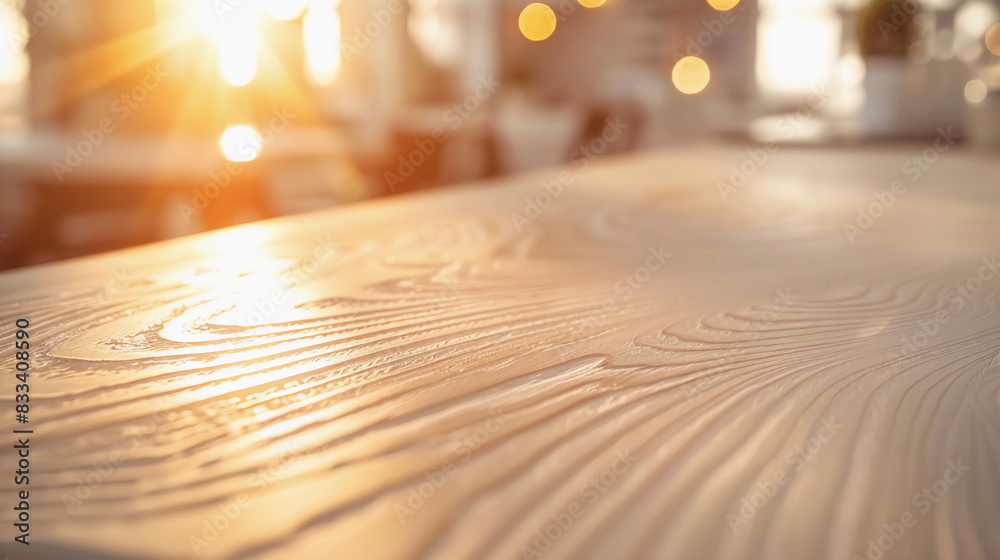 Pristine white wooden bar counter, captured with a blurred forms ...